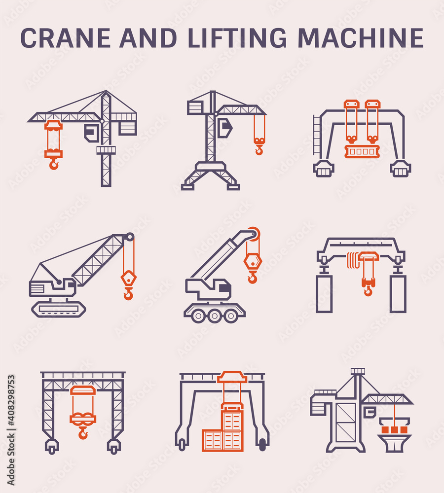 Crane vector icon and lifting equipment i.e. tower, gantry, crawler ...
