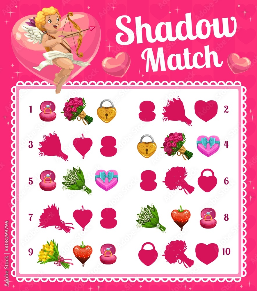Kids game shadow match vector Valentine items and cupid. Children logic ...