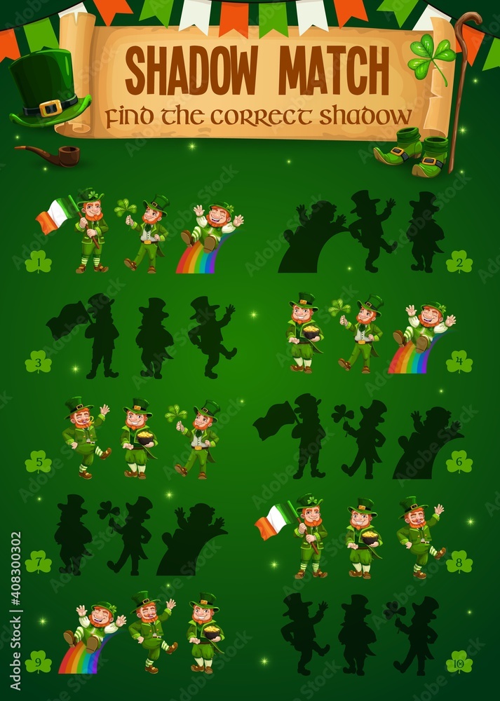 Kids Game Shadow Match With Leprechauns Children Logic Activity