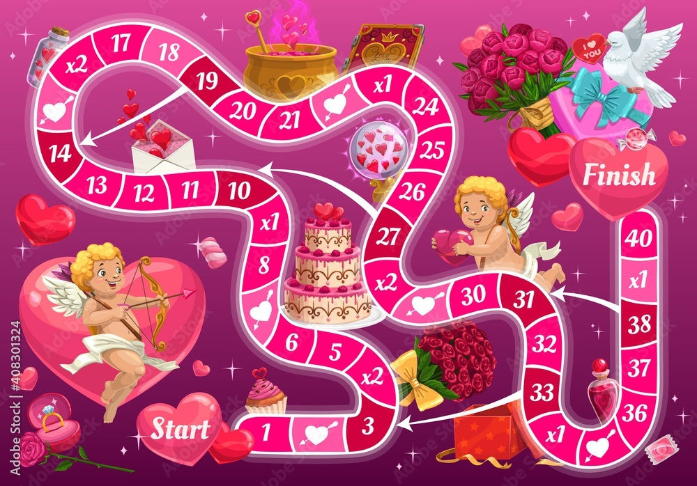 Kids step board game, vector Valentines day boardgame with cartoon ...