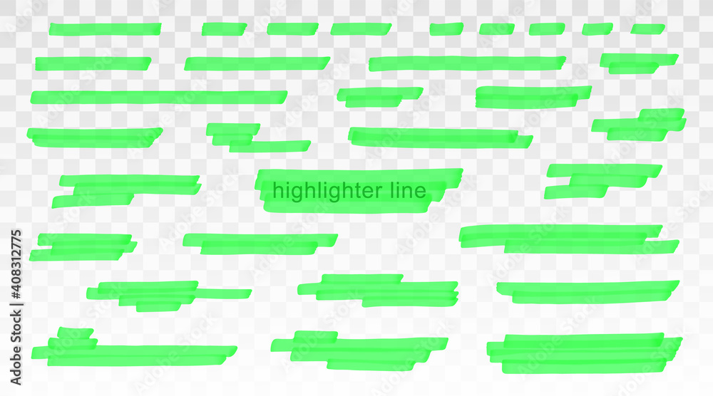 Green highlighter lines set isolated on transparent background. Marker ...