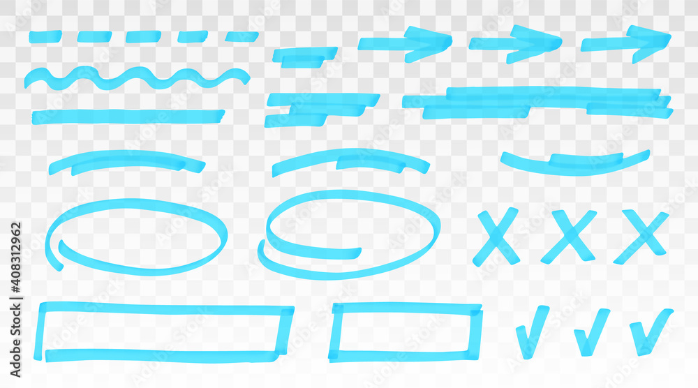 Blue highlighter set - lines, arrows, crosses, check, oval, rectangle ...