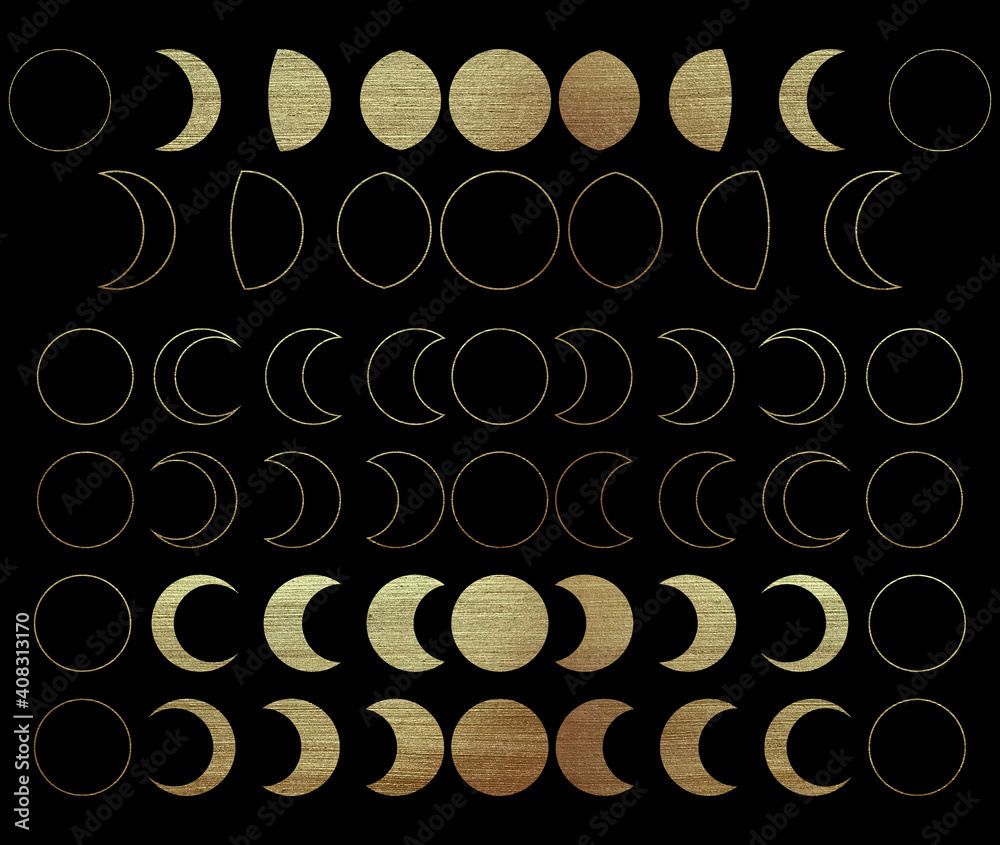 Collection of golden moon phases. Beautiful set painted with gold paint ...