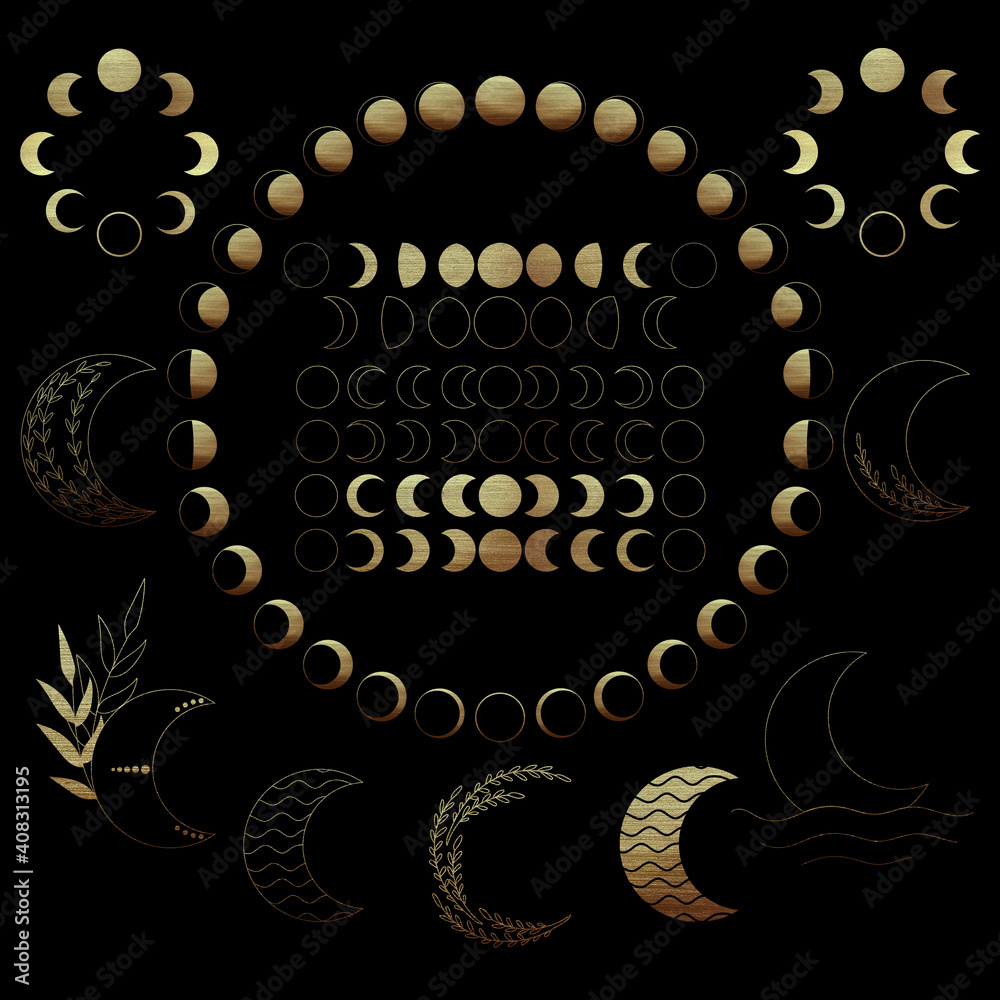 Golden moon collection. Variety of beautiful gold moons, moon phases ...
