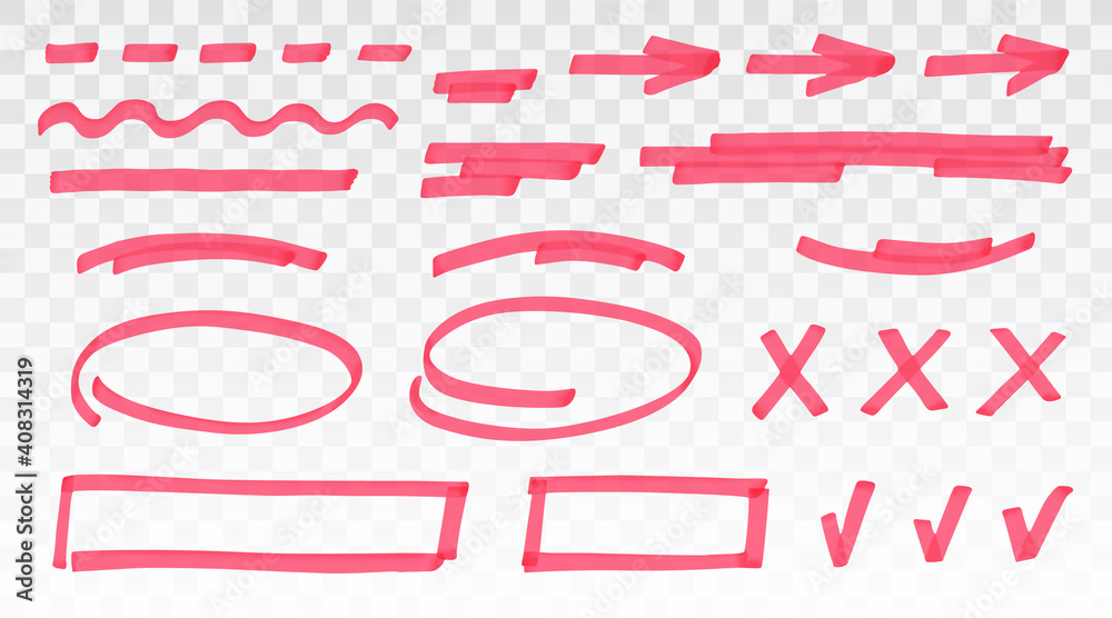 Red highlighter set - lines, arrows, crosses, check, oval, rectangle ...