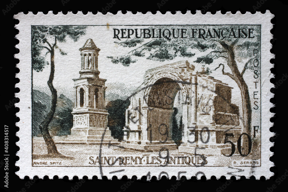 Stamp printed in the France shows the Roman ruins of Saint-Remy-de ...