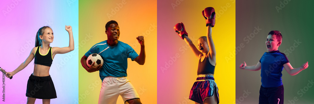 Celebrating. Portrait of young sportive people on neon gradient ...