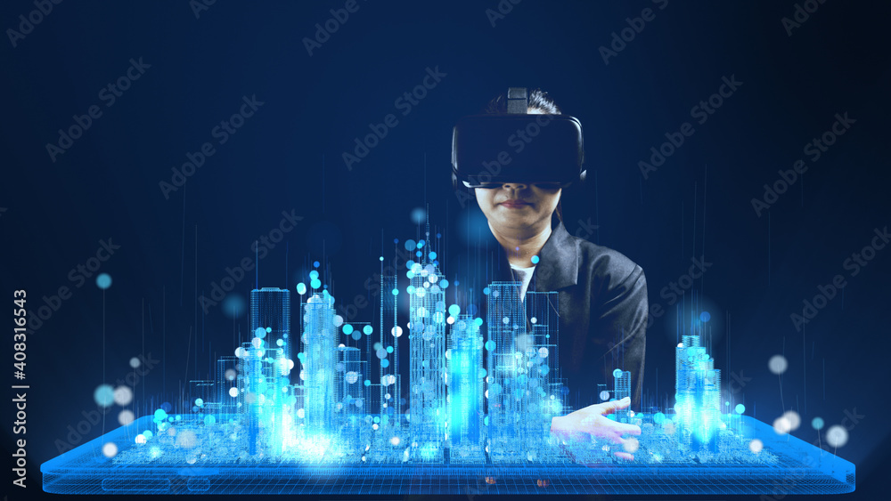 Business female wearing makes gestures with augmented reality headset ...