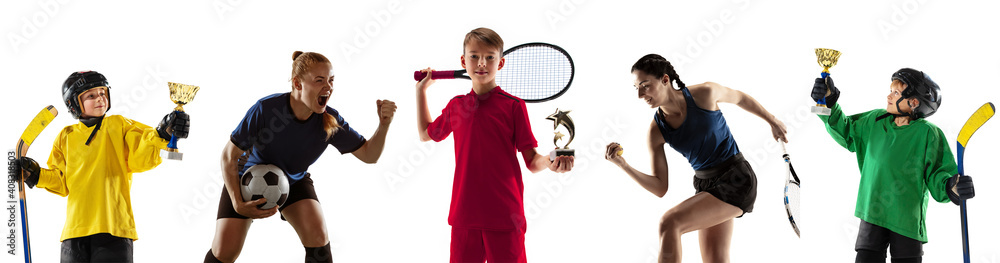 Champions. Portrait of young sportive people on white background. Flyer ...