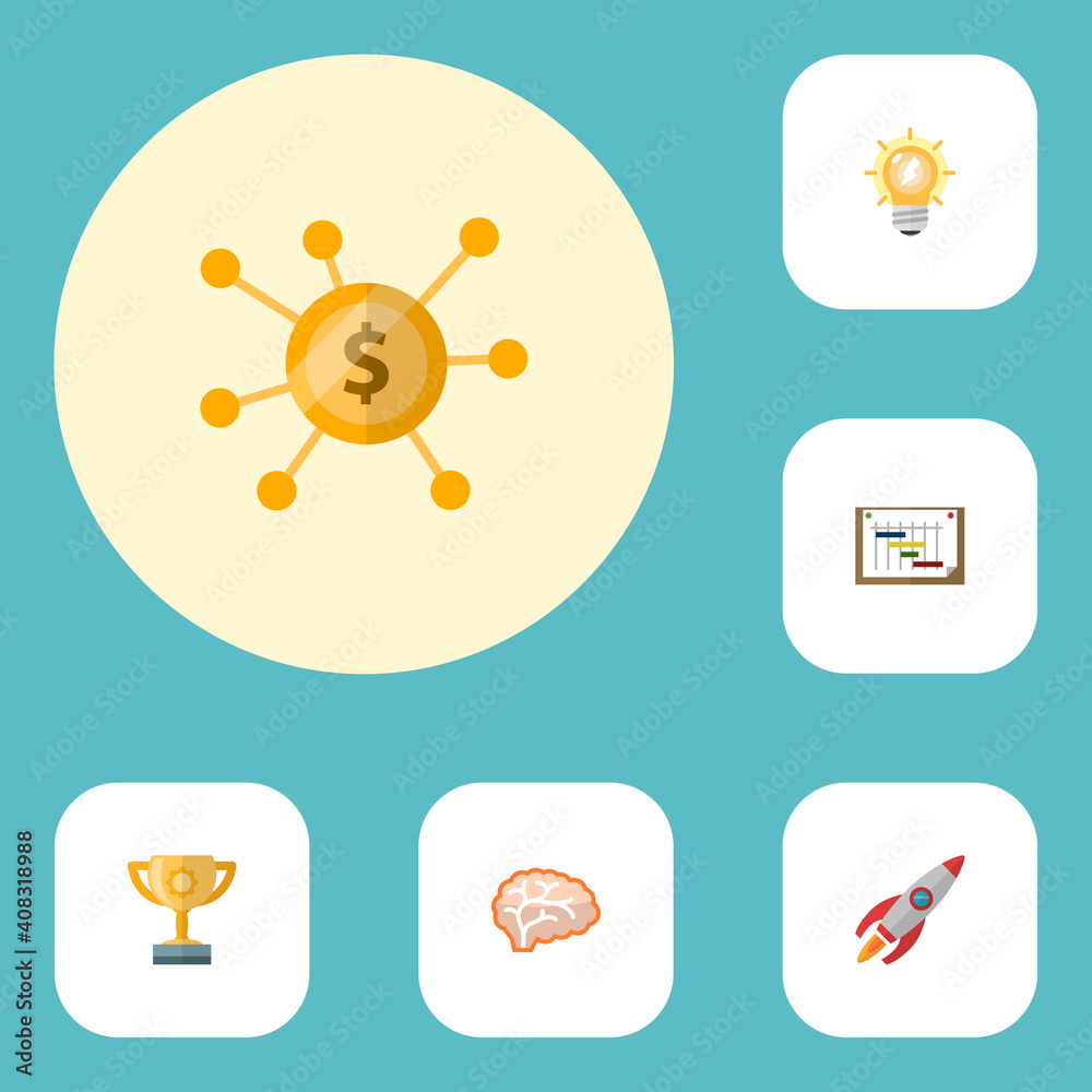Set of startup icons flat style symbols with idea, launch, brain and ...