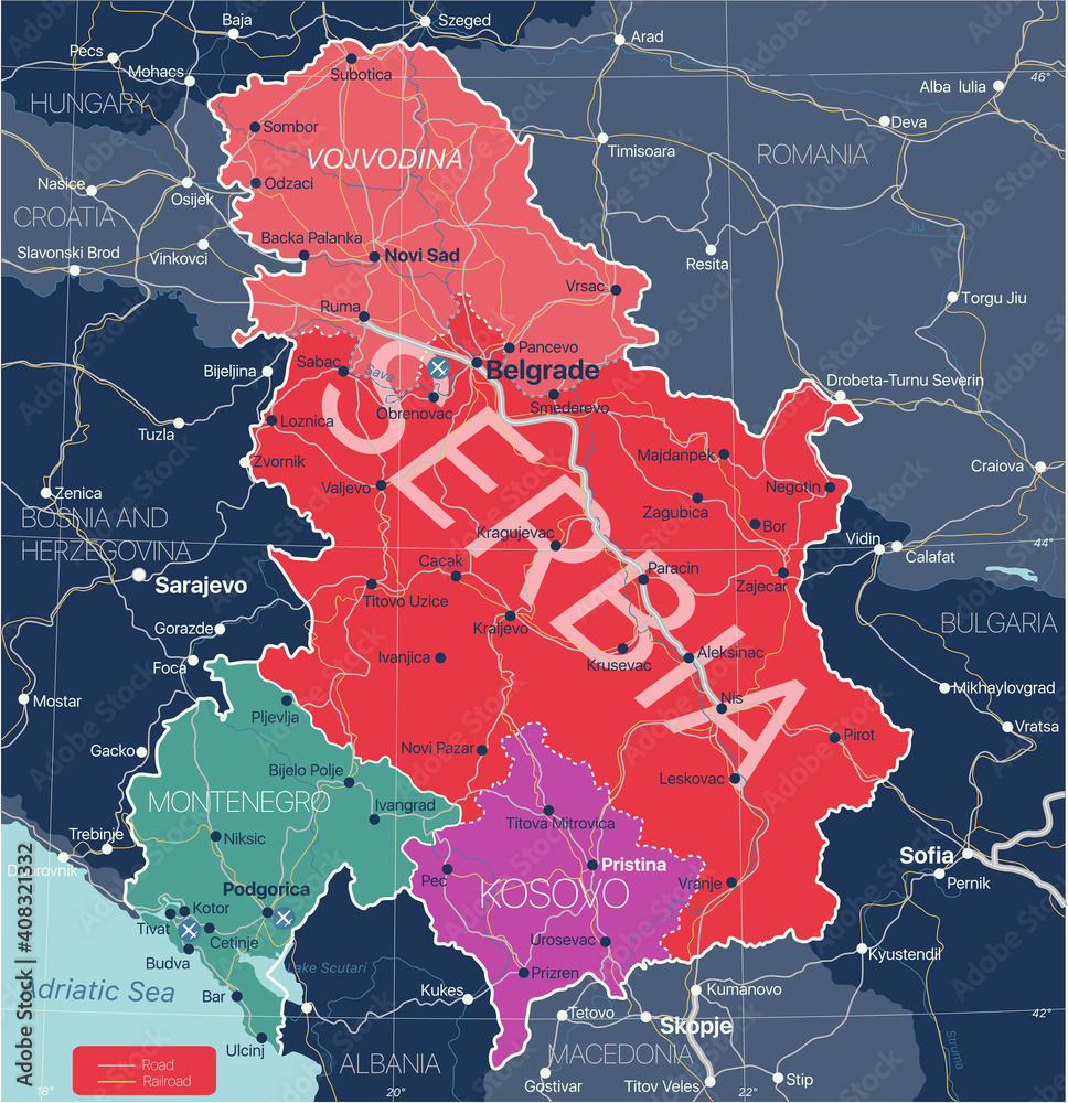 Serbia Kosovo and Montenegro countries detailed editable map with ...