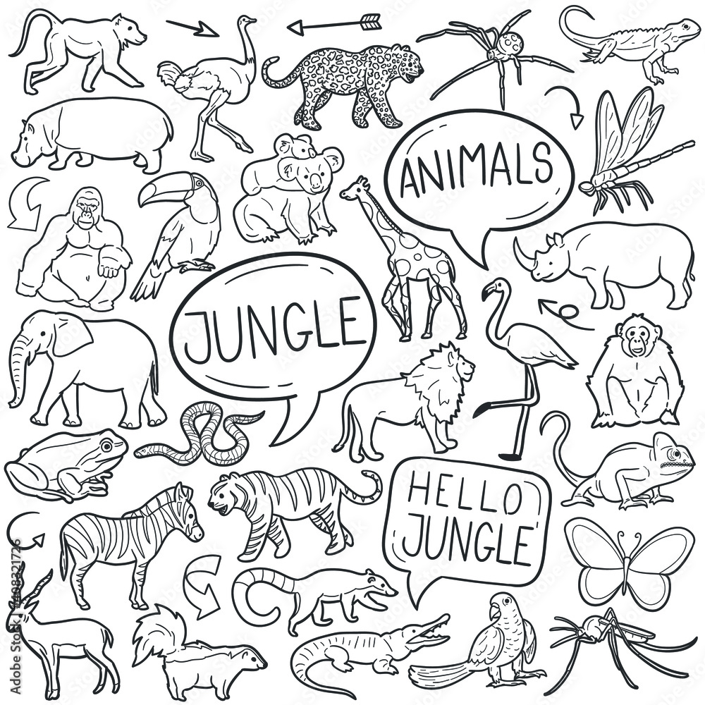Jungle Animals doodle icon set. Wild Life Vector illustration ...