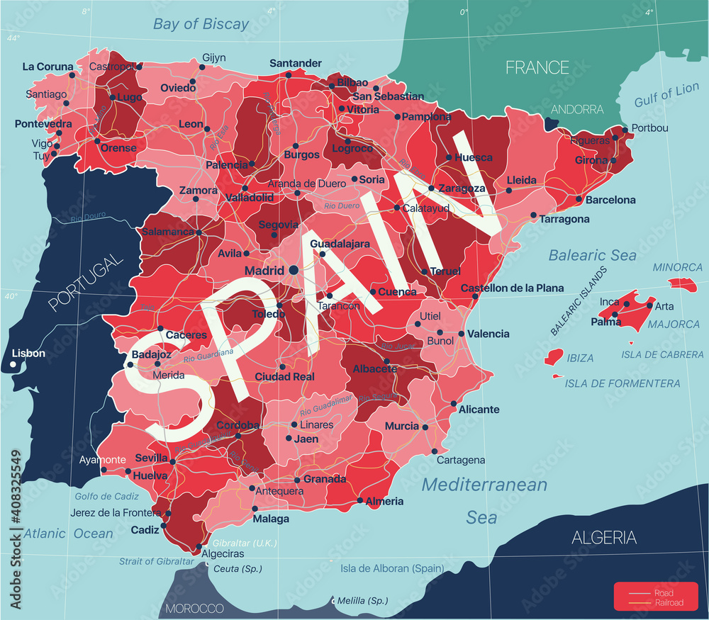 Spain country detailed editable map with regions cities and towns ...