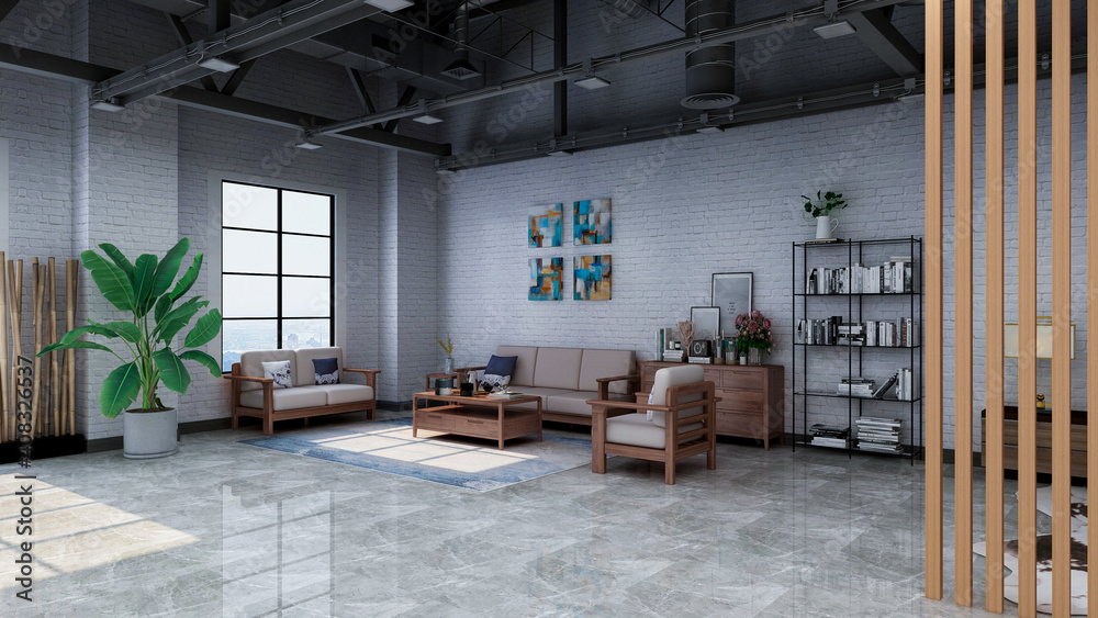 Stylish industrial office room, photorealistic 3D Illustration of the ...