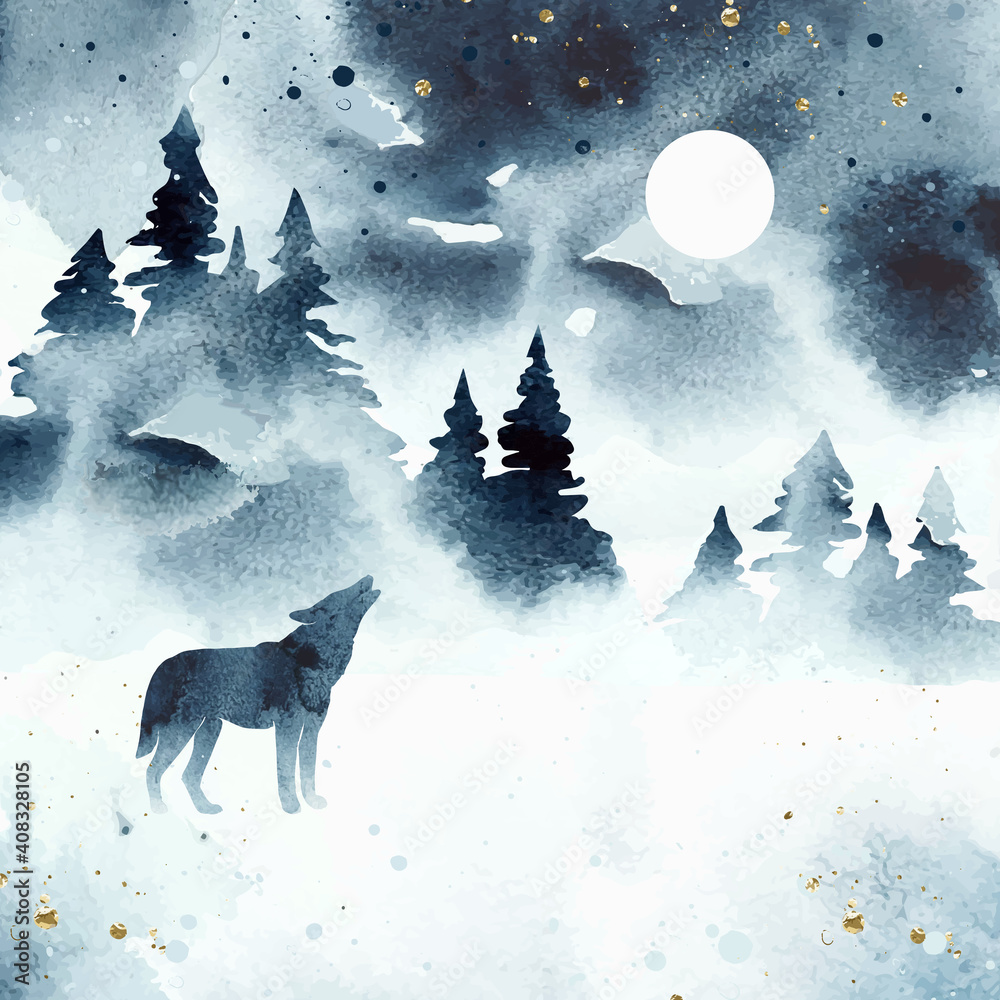 Watercolor winter magic vector landscape isolated on white dackground ...