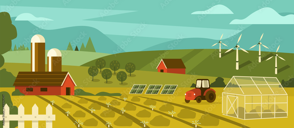 Sustainable Agricultural Farm and Garden with Plant Fields, Greenhouse ...