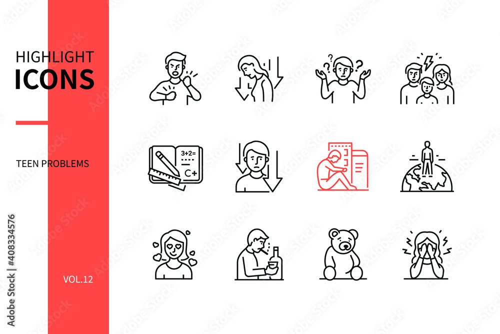 Teen problems - line design style icons set Stock Vector | Adobe Stock