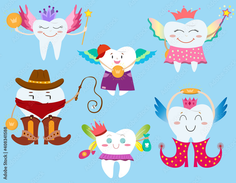 Set tooth fairy. Vector cartoon illustration. Various tooth fairies in ...