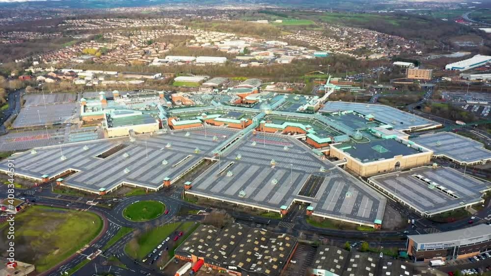 Aerial footage of a large shopping centre known as Meadowhall, it's a ...