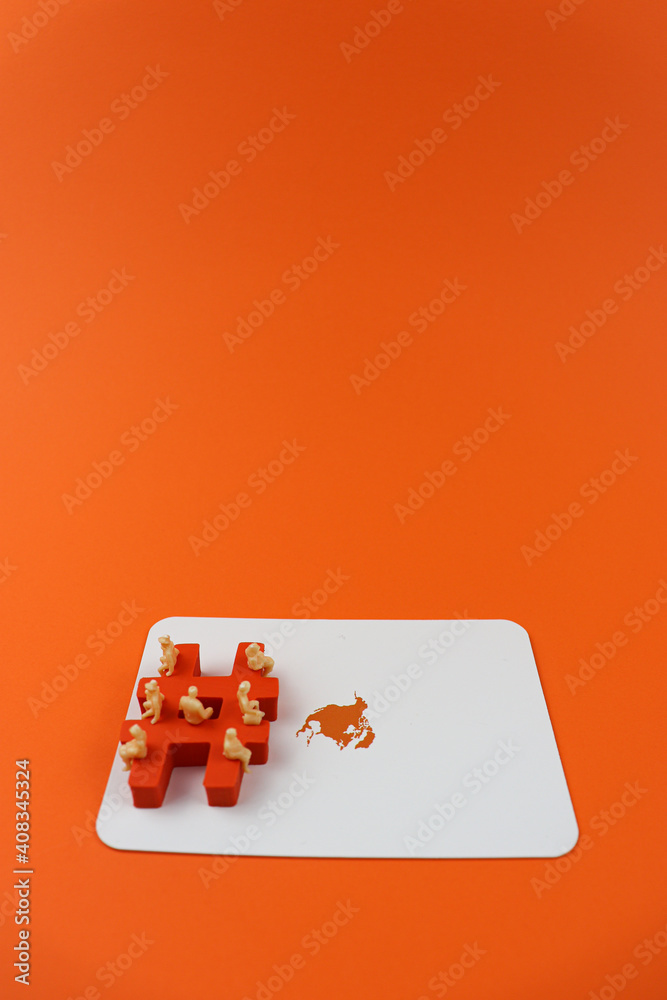 Hashtag symbol with a miniature community of people and a North America ...