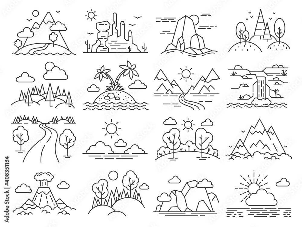 Line nature landscape. Forest trees, mountain, tropical sea island ...