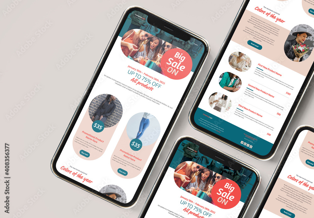 Product Promotion Email Newsletter with Tourqoise and Red Accents Stock ...