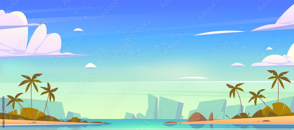 Tropical landscape with sea bay, sand beach, palm trees and mountains ...