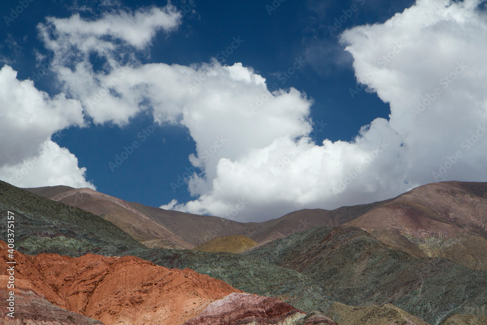 The colorful hills under a dramatic sky. Aerial view of the beautiful ...