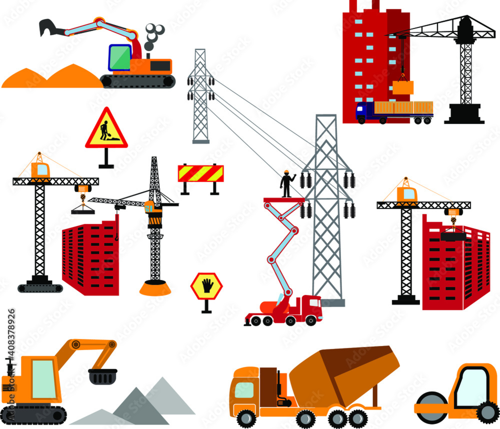 Construction concept with retro style concept workers and machines ...