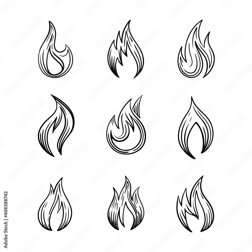 Fire icons with and spurts of flame Vector set of monochrome signs in ...
