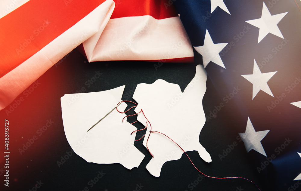 torn map of America USA is sewn back together as a symbol of healing ...