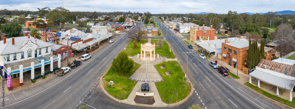 Aerial streetscape of a regional town with historic buildings and old ...