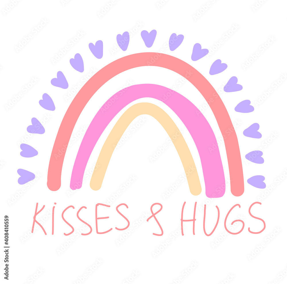 Cute pastel rainbow with words hugs and kisses. Valentines day. Vector ...