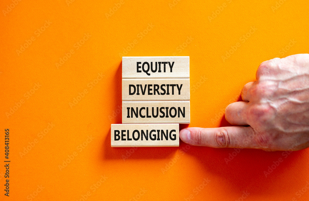 Equity, diversity, inclusion and belonging symbol. Wooden blocks with ...