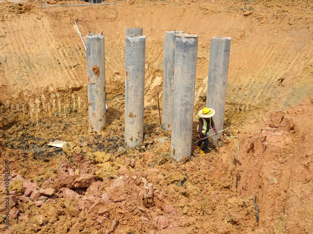 IPOH, MALAYSIA -MARCH 03, 2020: Bore pile materials made from strong ...