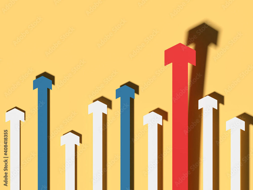 Colorful arrows pointing upwards isolated on yellow background; red ...