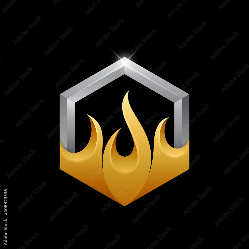 Fire logo in hexagon frame with 3d concept gold and silver shiny color ...