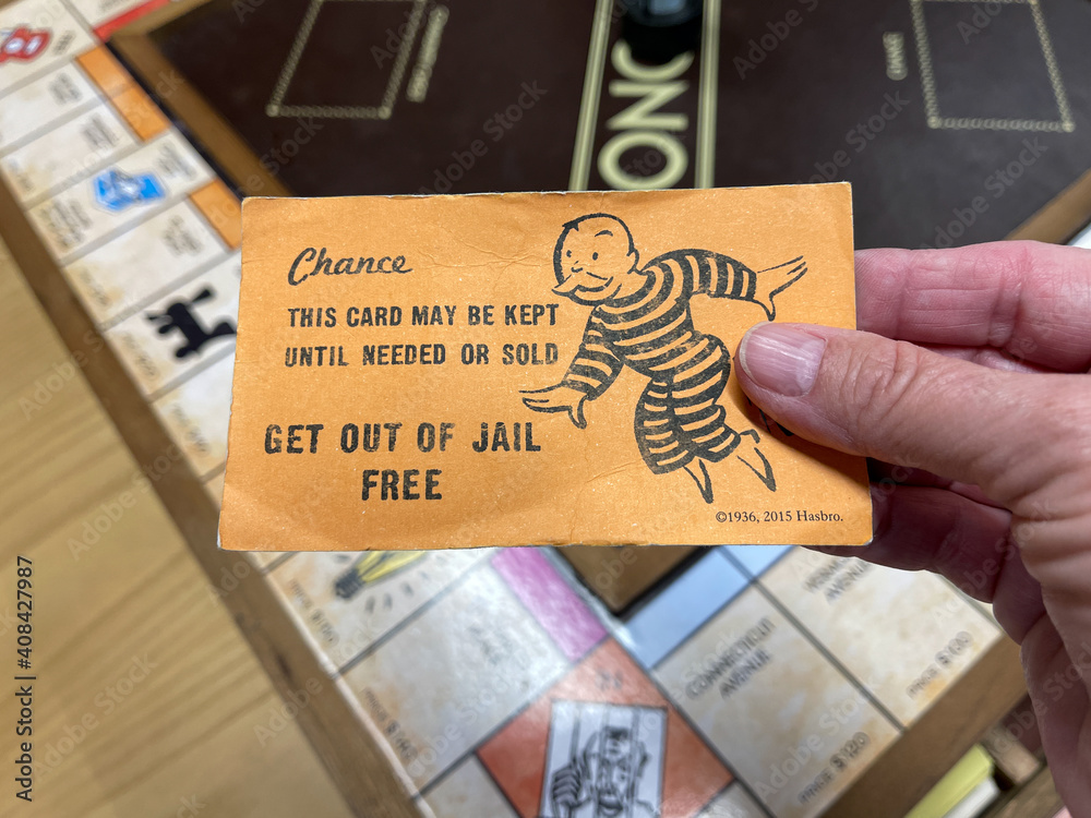 A get out of Jail Free card from a monopoly set. Stock Photo | Adobe Stock