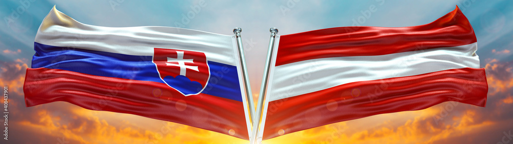 Austria Flag and Slovakia flag waving with texture sky Cloud and sunset ...