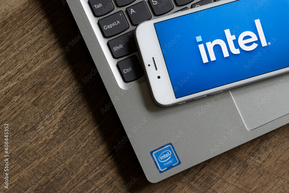 Portland, OR, USA - Jan 25, 2021: The new Intel logo is seen on a ...