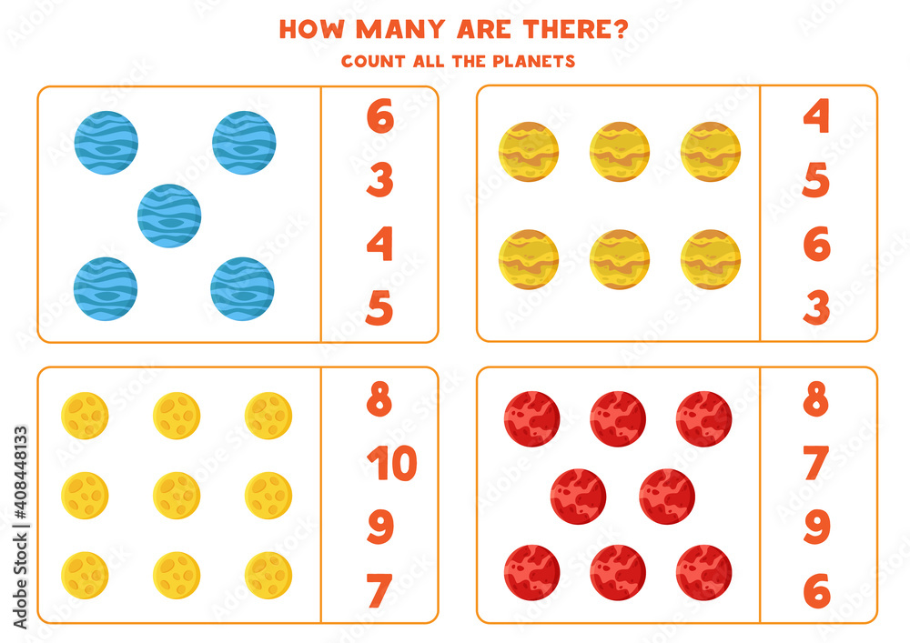 Counting game with cute cartoon planets. Math worksheet. Stock Vector ...