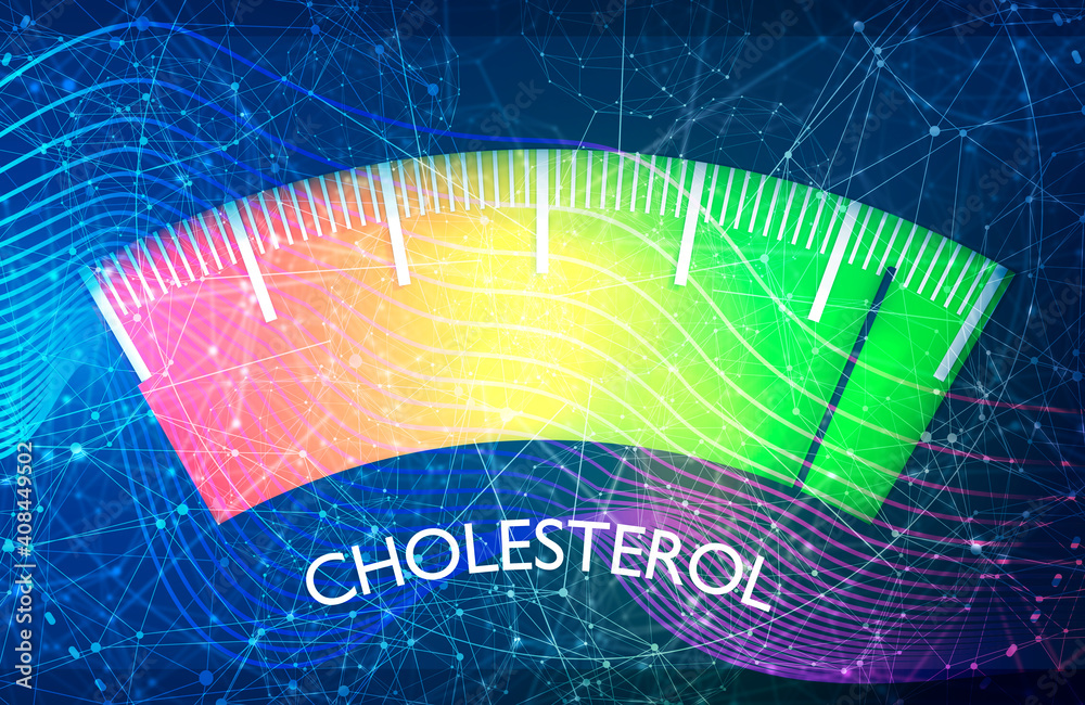 Cholesterol meter read level result. Color scale with arrow from red to green. The measuring ...