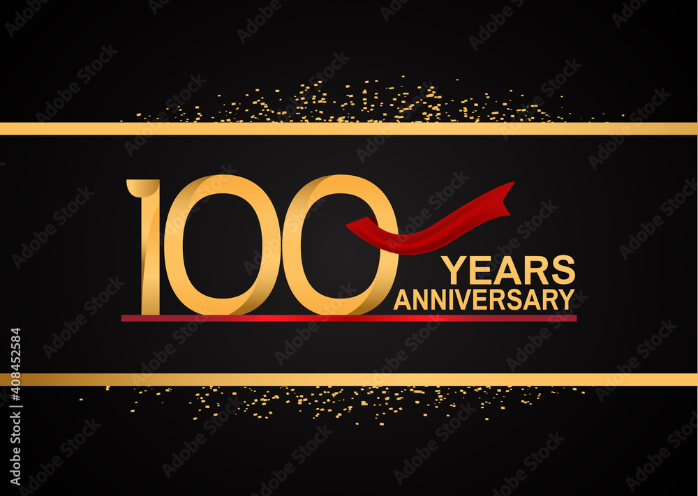 100 years anniversary logotype with golden color and red ribbon with ...