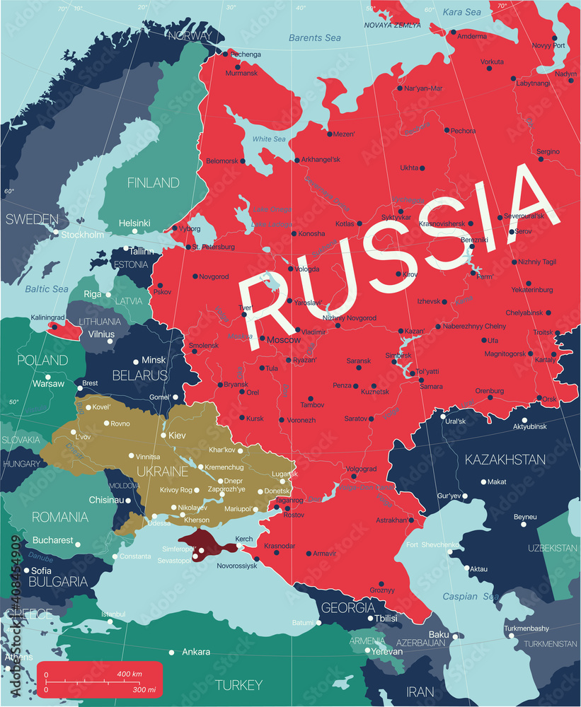 Western part of Russia and eastern Europe region detailed editable map ...