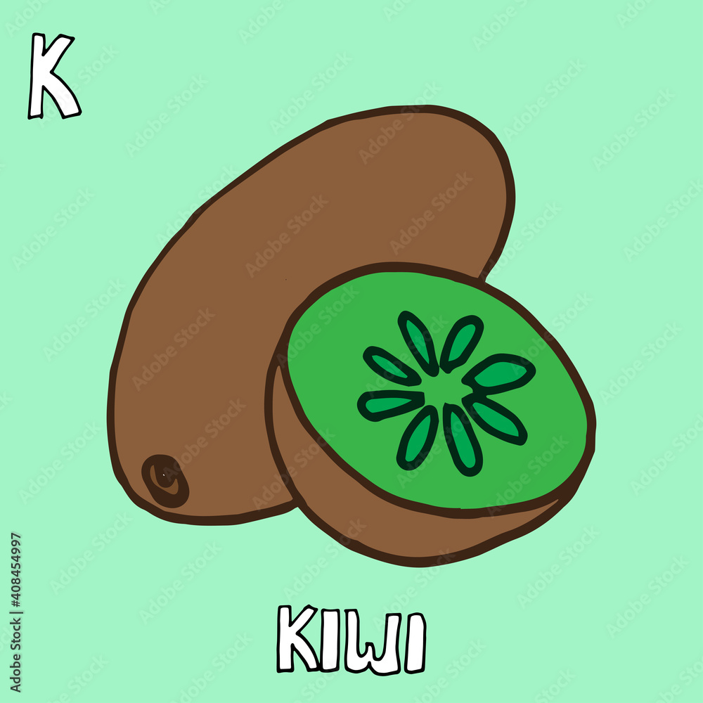 Kiwi fruit vector illustration. Hand drawn lettering-Kiwi. Hand drawn ...