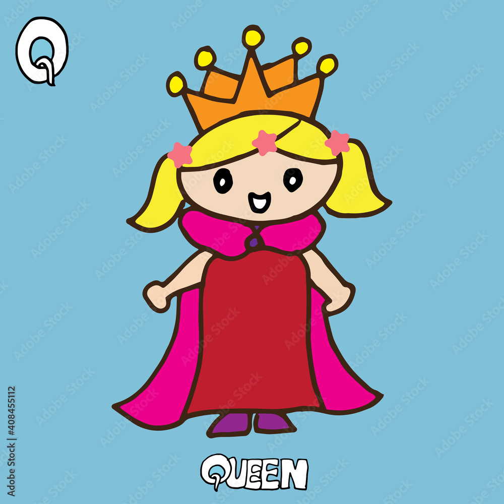 queen vector illustration on blue background. queen icon with crown. Q ...