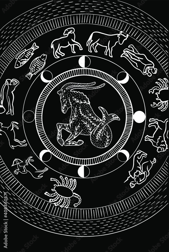 vector illustration, crystals and solar system, phases of the moon ...