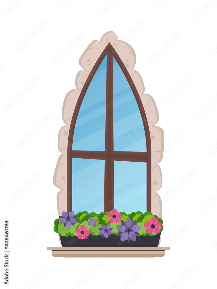 Old window with flowers and stone cladding. Cartoon style. Vector ...