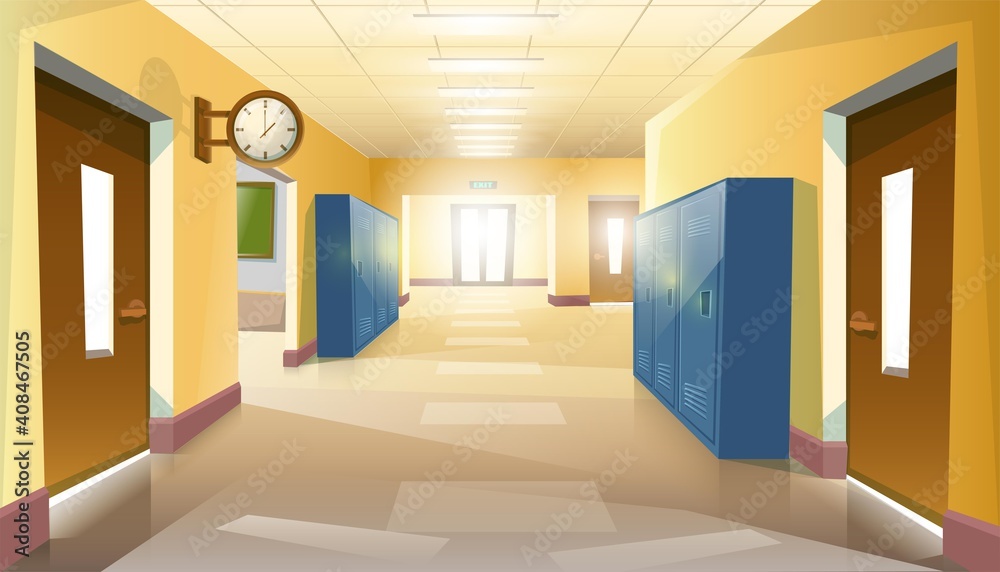 Vector cartoon style empty without pupils school hallway with doors and ...