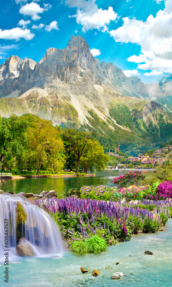 Beautiful landscape, nature with mountains and a lake. Digital mural ...